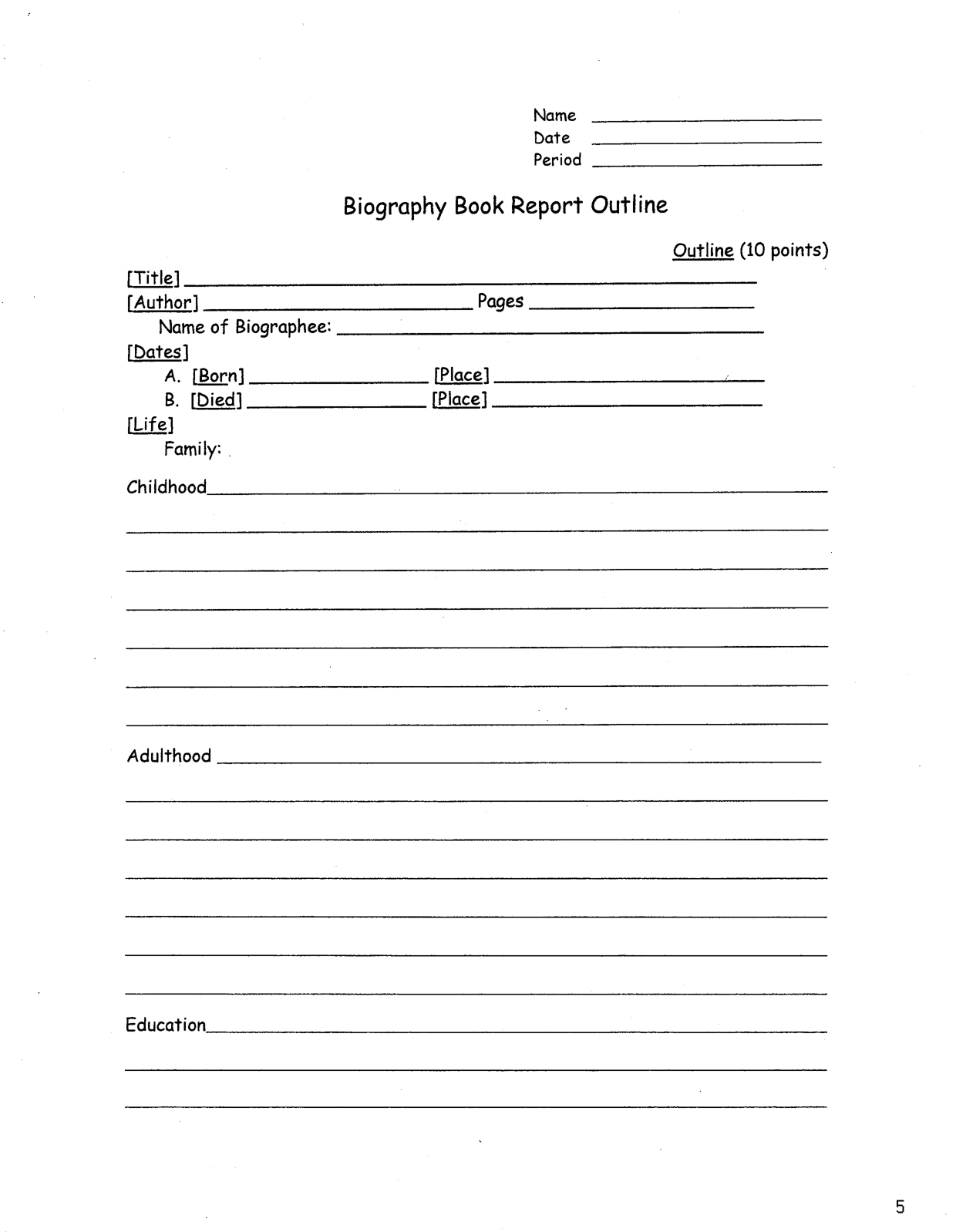 Book Report Template 5Th Grade