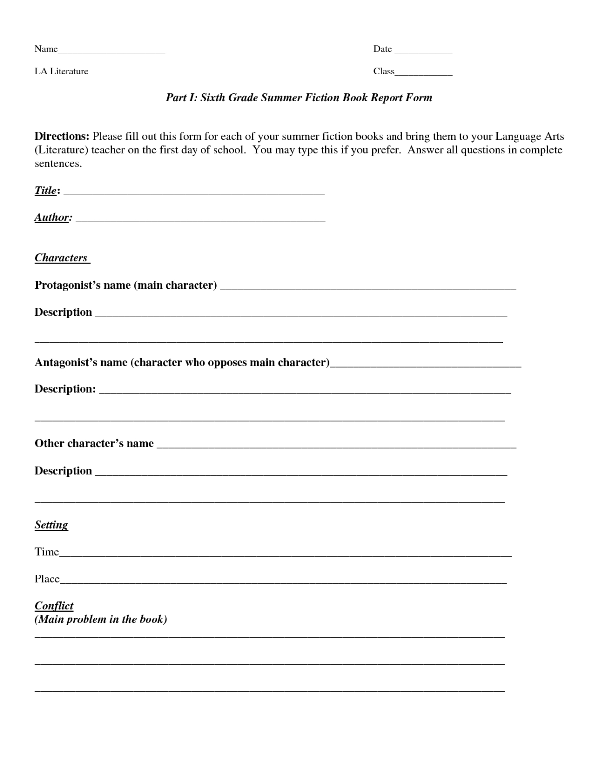 Book Report Template Part I Sixth Grade Summer Fiction Pertaining To book-report-template-part-i-sixth-grade-summer-fiction-pertaining-to