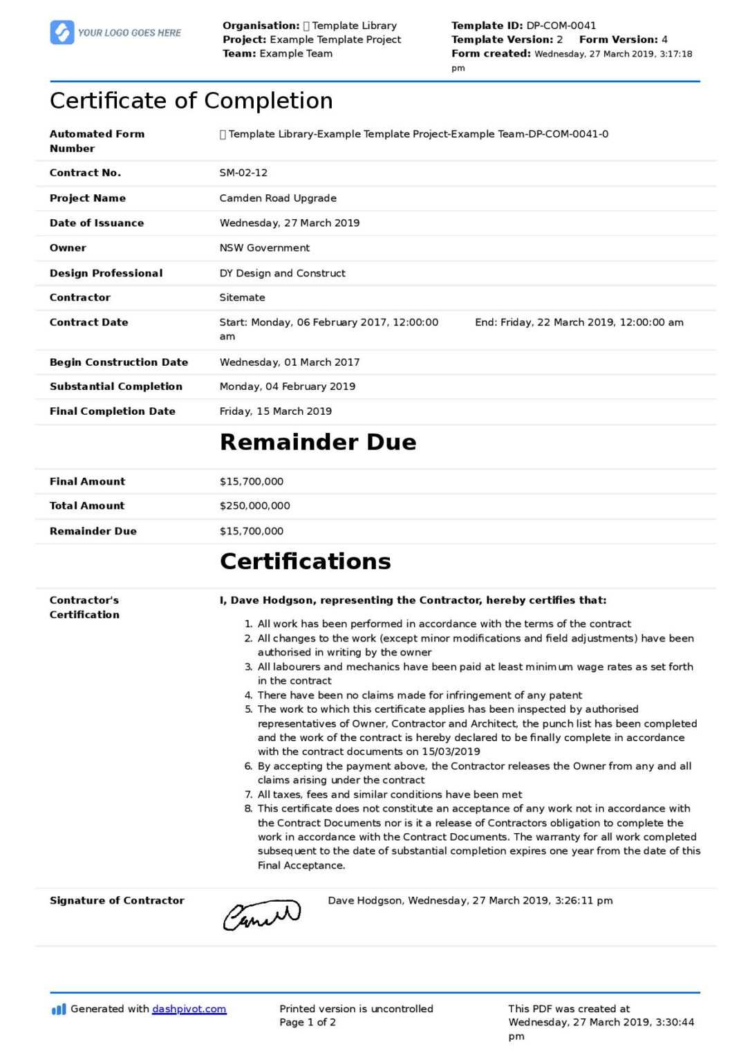 Certificate Of Completion For Construction Free Template In Handover Certificate Of Completion For Construction Free Template In Handover