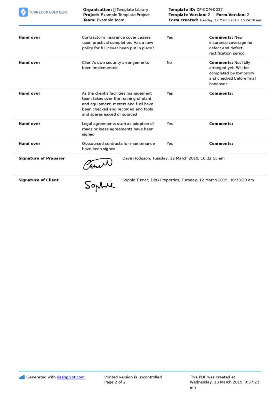 Construction Project Handover Document Sample To Use Or Copy With 