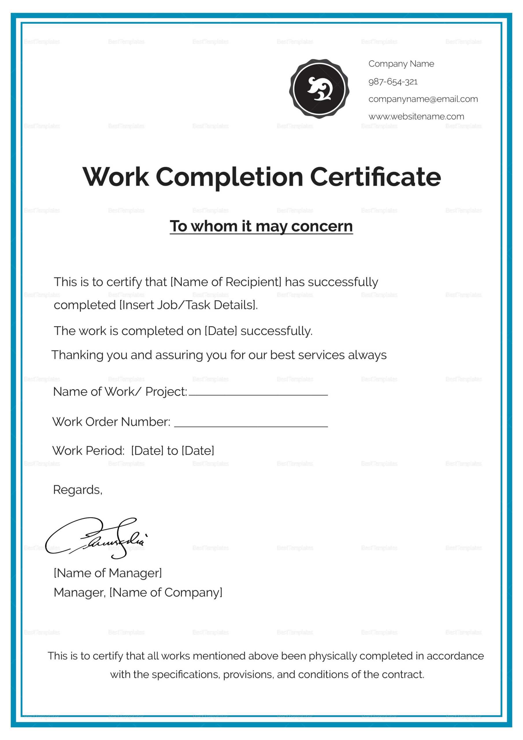 Certificate Template For Project Completion
