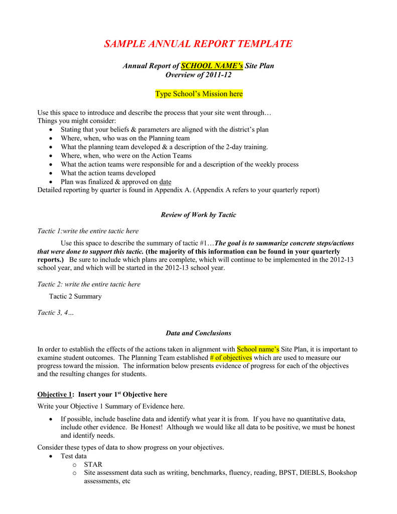 Sample Annual Report Template Type School s Mission Here For Summary 