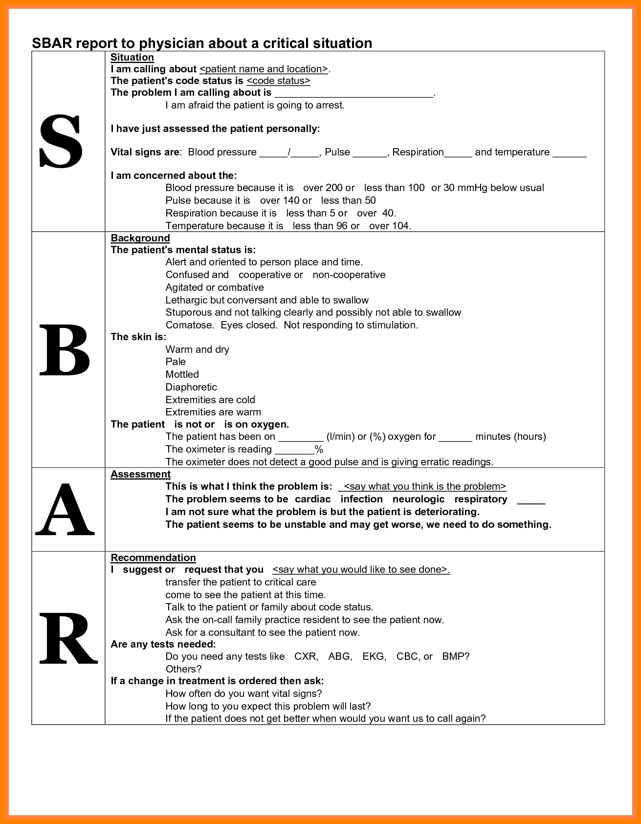 Sbar Template Word