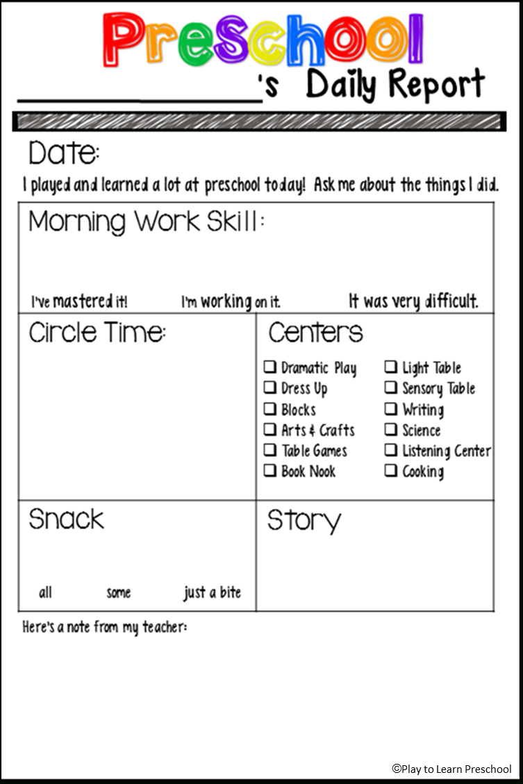 Preschool Weekly Report Template
