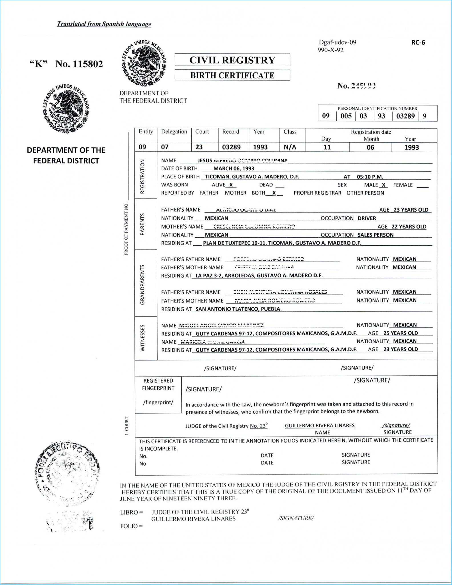 Translate Mexican Birth Certificate Sample Of Translated Inside Uscis 